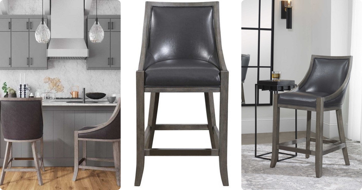 Uttermost Elowen Steel Gray Faux Leather Counter Stool With Wood Frame ...